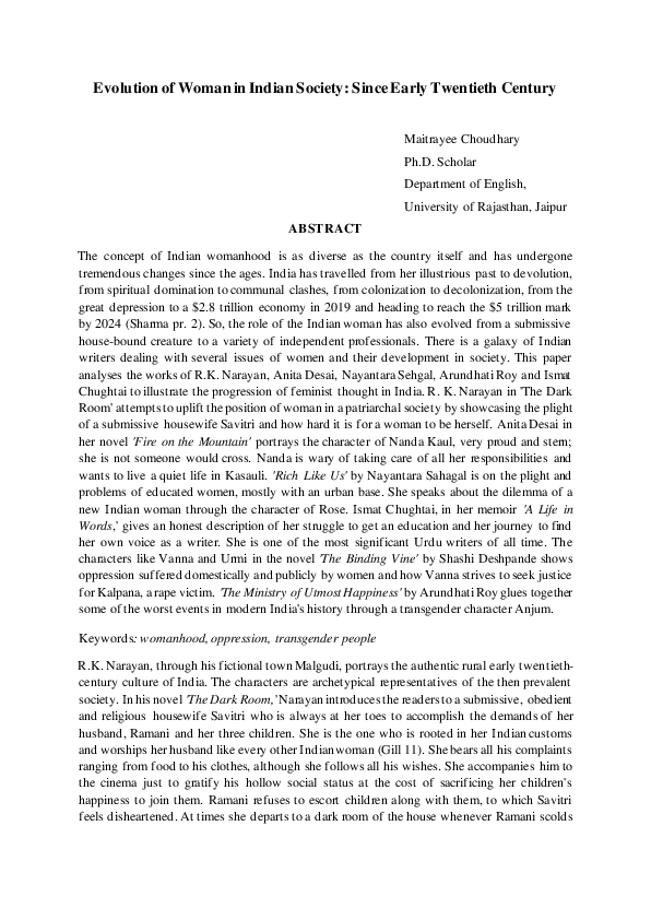 (PDF) Evolution of Woman in Indian Society: Since Early Twentieth Century