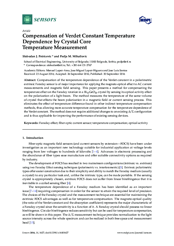 (PDF) Compensation of Verdet Constant Temperature Dependence by Crystal ...