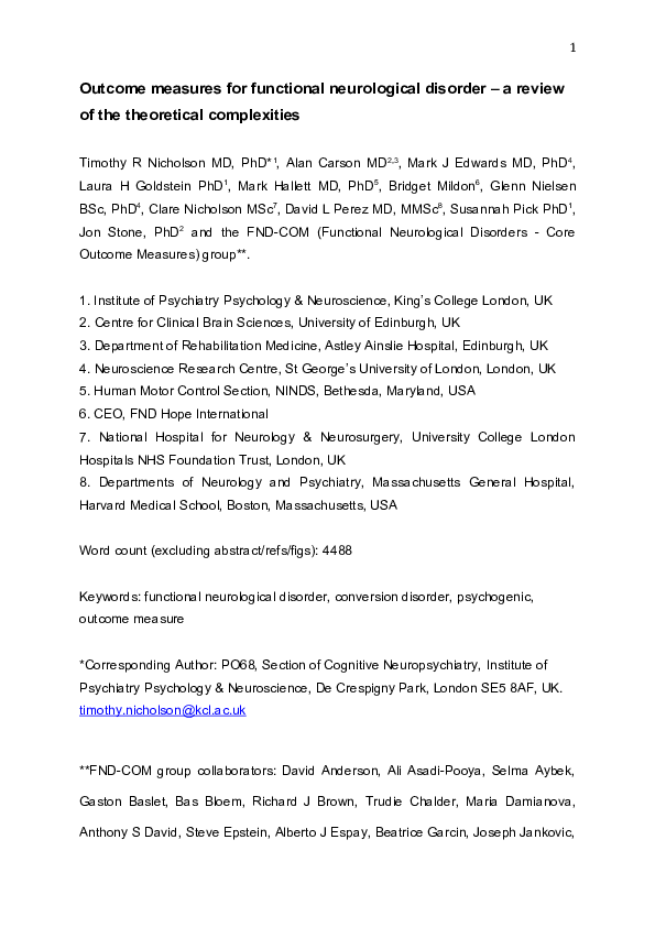 (DOC) Outcome Measures for Functional Neurological Disorder: A Review ...