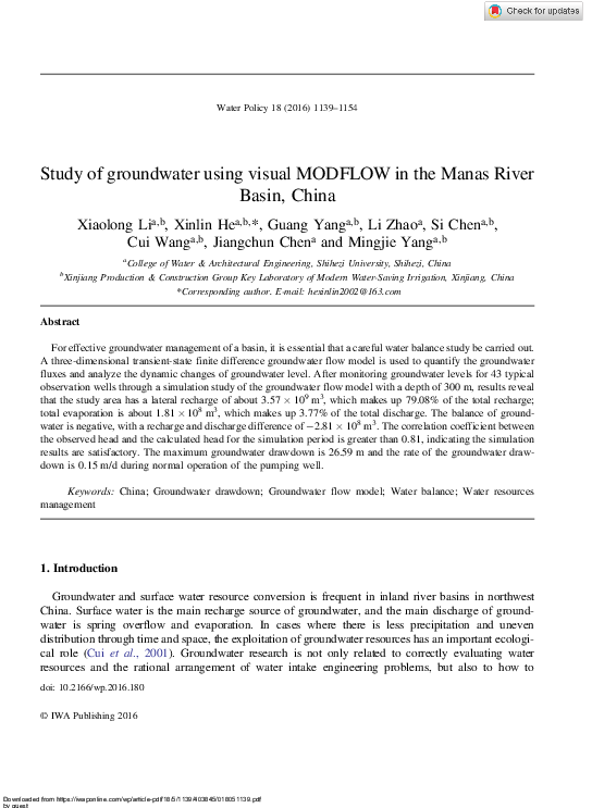 (PDF) Study on groundwater using visual MODFLOW in the Manas River Basin, China