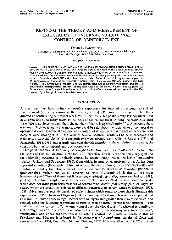 (PDF) Refining the theory and measurement of expectancy of internal vs external control of ...