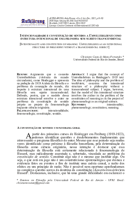 (PDF) INTENCIONALIDADE E CONSTITUIÇÃO DE SENTIDO: A UMWELTERLEBNIS COMO ...