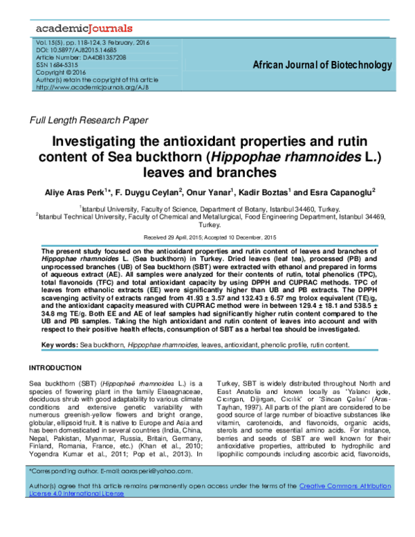 (PDF) Investigating the antioxidant properties and rutin content of Sea buckthorn (Hippophae ...