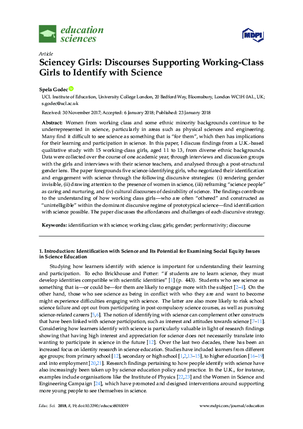 (PDF) Sciencey Girls: Discourses Supporting Working-Class Girls to ...