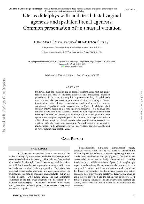 (PDF) Uterus didelphys with unilateral distal vaginal agenesis and ...