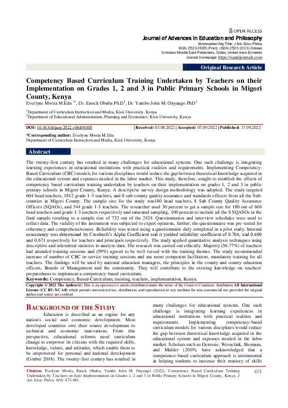 (PDF) Competency Based Curriculum Training Undertaken by Teachers on their Implementation on ...