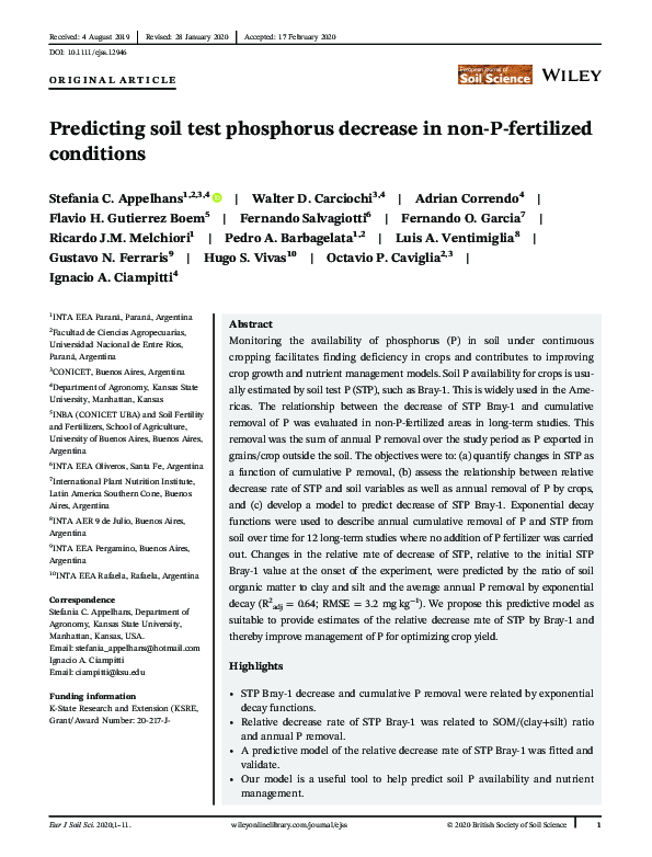 (PDF) Predicting soil test phosphorus decrease in non‐P‐fertilized ...