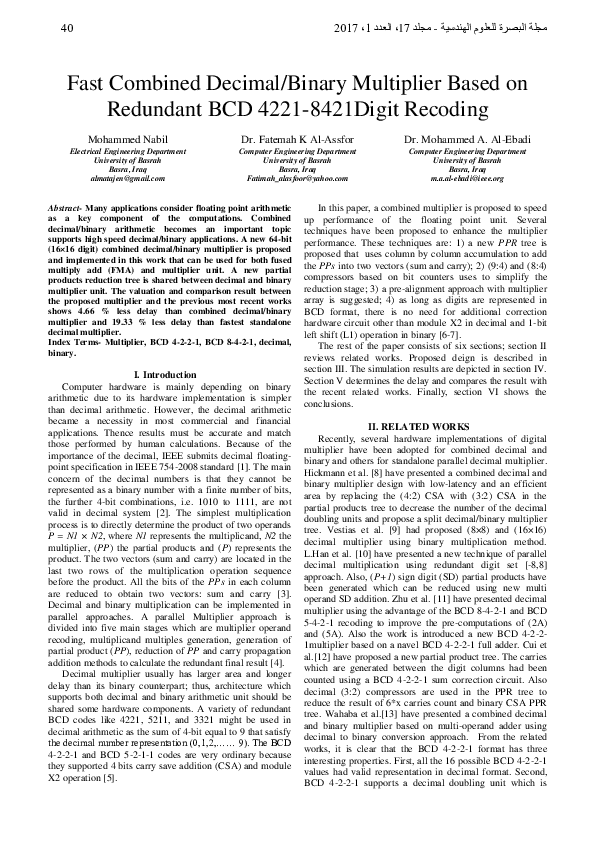 (PDF) Fast Combined Decimal/Binary Multiplier Based on Redundant BCD 4221-8421Digit Recoding
