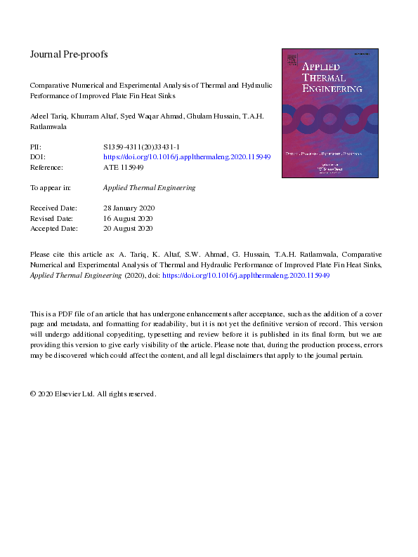 Pdf Comparative Numerical And Experimental Analysis Of Thermal And Hydraulic Performance Of