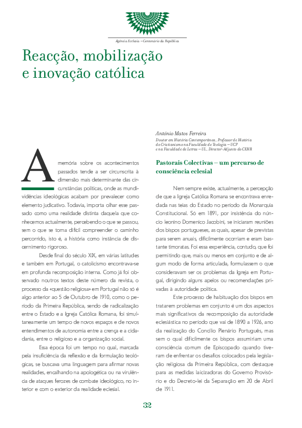 (PDF) Reacção, mobilização e inovação católica | António Matos Ferreira ...