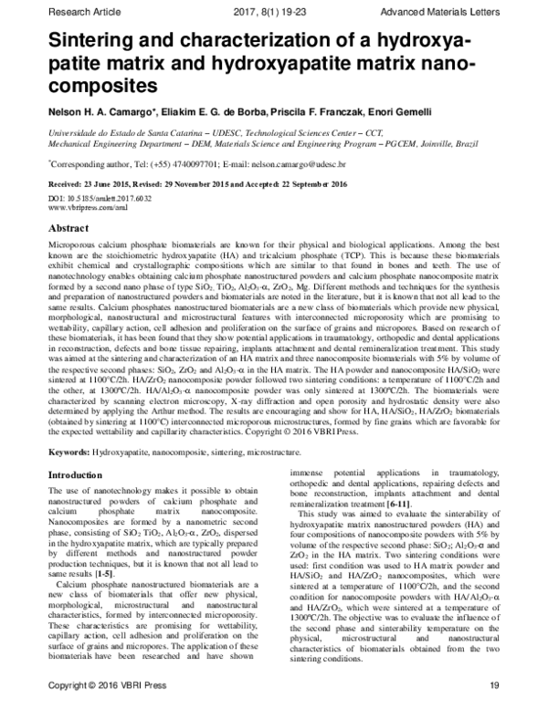 (PDF) Sintering And Characterization Of A Hydroxya-patite Matrix And ...