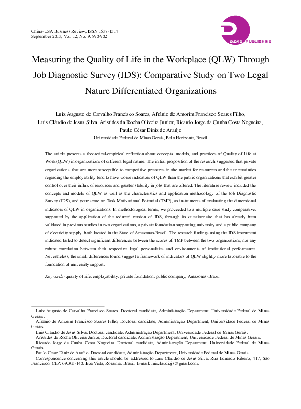 (PDF) Measuring the Quality of Life in the Workplace (QLW) Through Job ...