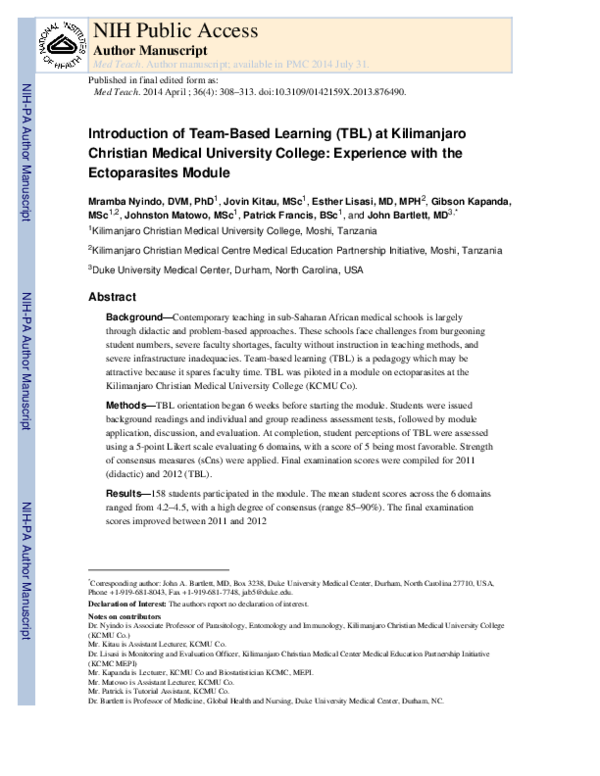 (PDF) Introduction of team-based learning (TBL) at Kilimanjaro Christian Medical University ...