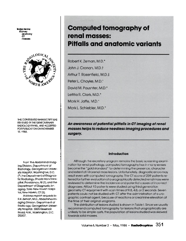 (PDF) Computed tomography of renal masses: pitfalls and anatomic variants | john cronan ...