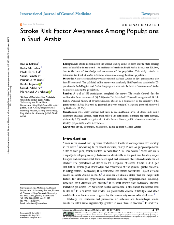 Pdf Stroke Risk Factor Awareness Among Populations In Saudi Arabia