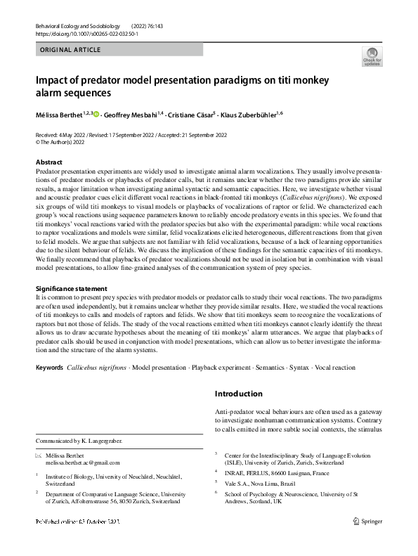 (PDF) Impact of predator model presentation paradigms on titi monkey ...