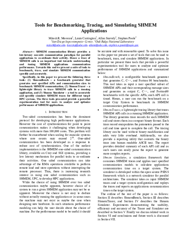 Pdf Tools For Benchmarking Tracing And Simulating Shmem Applications