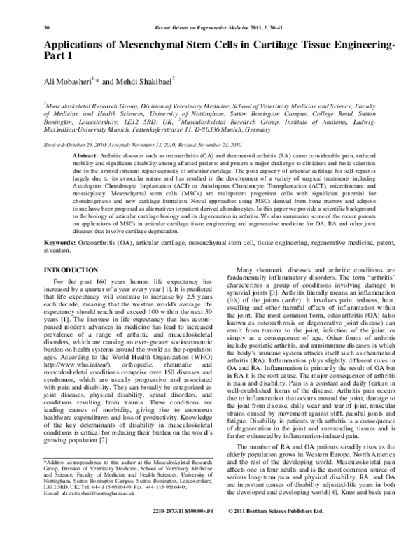 (PDF) Applications of Mesenchymal Stem Cells in Cartilage Tissue Engineering- Part 1
