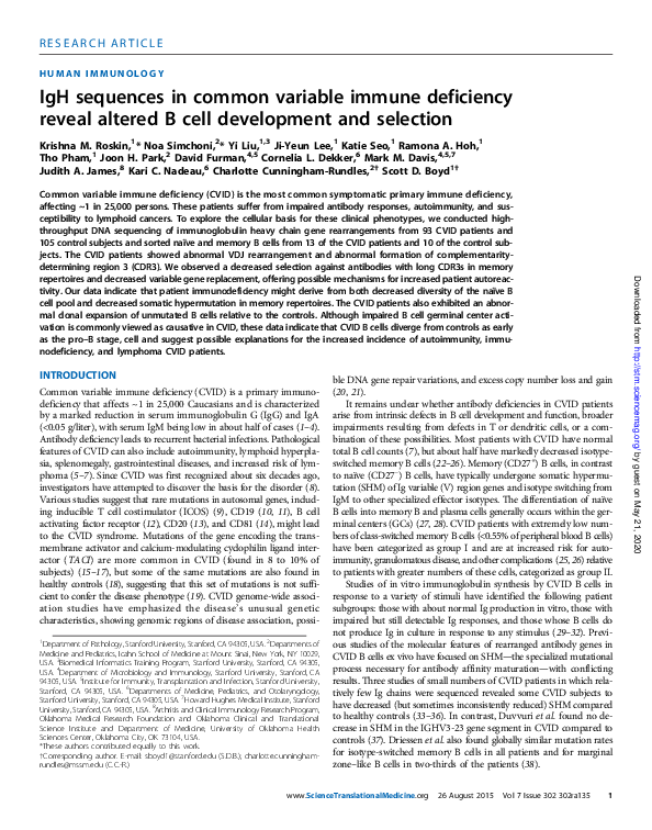 (PDF) IgH sequences in common variable immune deficiency reveal altered ...