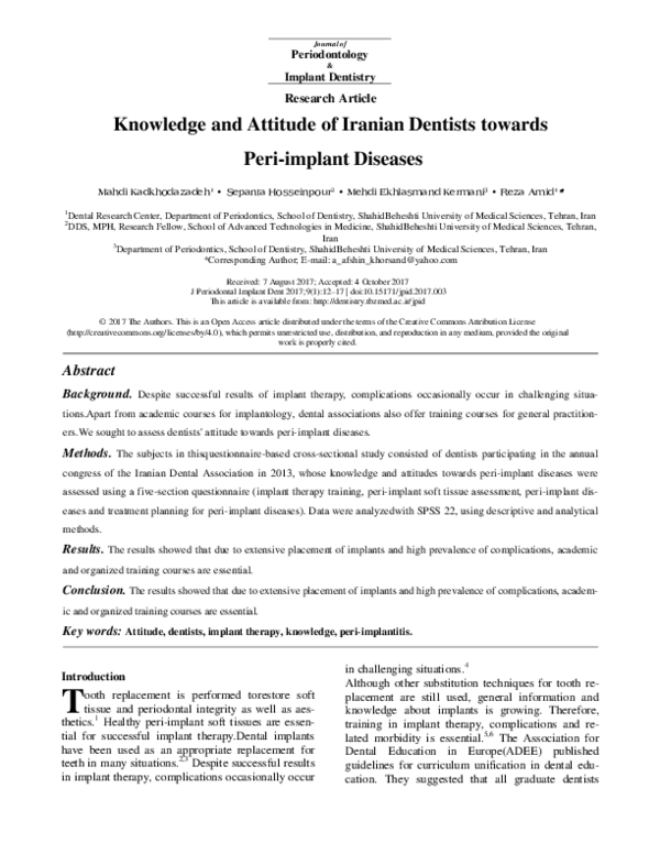 (PDF) Knowledge and Attitude of Iranian Dentists towards Peri-implant ...