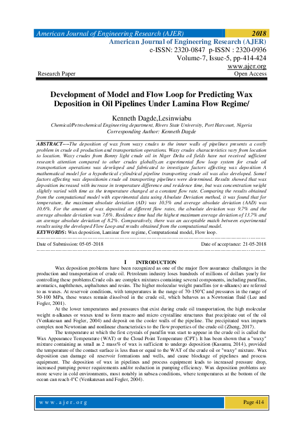 (PDF) Development of Model and Flow Loop for Predicting Wax Deposition ...