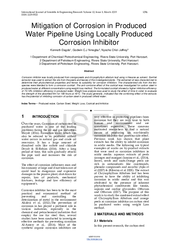 (PDF) Mitigation of Corrosion in Produced Water Pipeline Using Locally Produced Corrosion Inhibitor