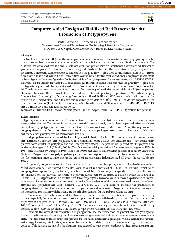 (PDF) Computer Aided Design of Fluidized Bed Reactor for the Production ...