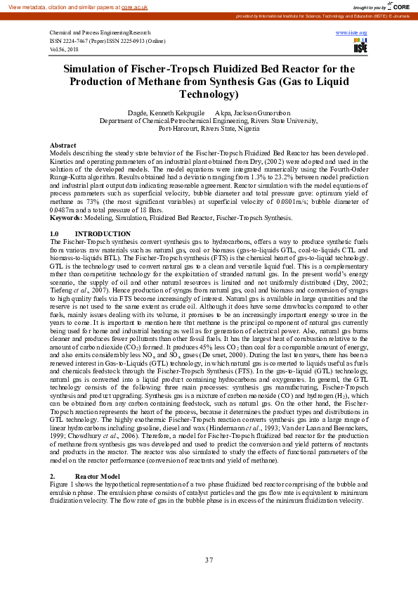 (PDF) Simulation of Fischer-Tropsch Fluidized Bed Reactor for the Production of Methane from ...
