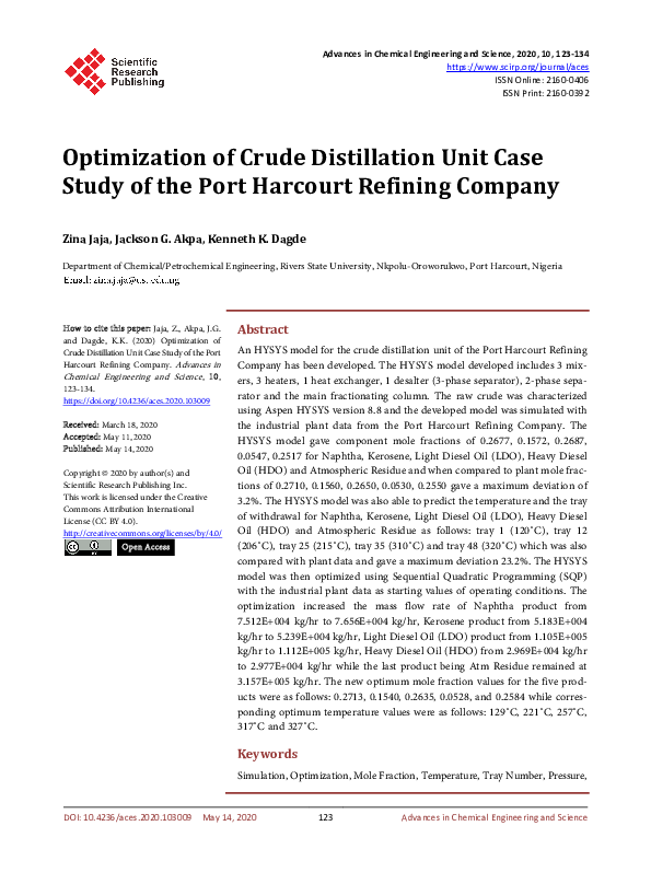 (PDF) Optimization of Crude Distillation Unit Case Study of the Port Harcourt Refining Company