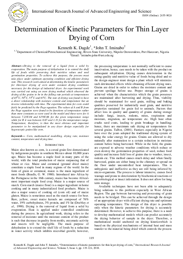 Pdf Determination Of Kinetic Parameters For Thin Layer Drying Of Corn
