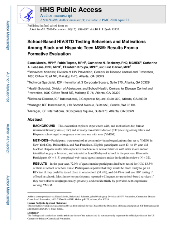 (PDF) School-Based HIV/STD Testing Behaviors and Motivations Among ...