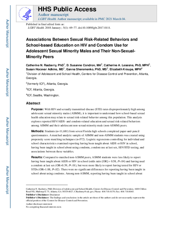 Pdf Associations Between Sexual Risk Related Behaviors And School 8748