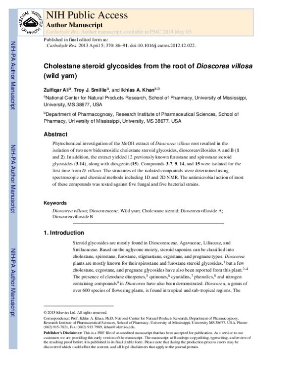 (PDF) Cholestane steroid glycosides from the rhizomes of Dioscorea ...