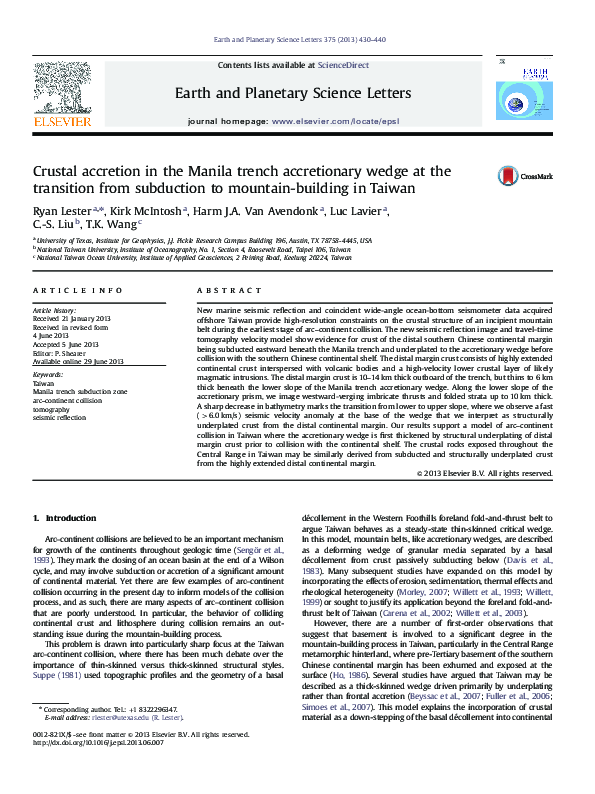 (PDF) Crustal accretion in the Manila trench accretionary wedge at the ...