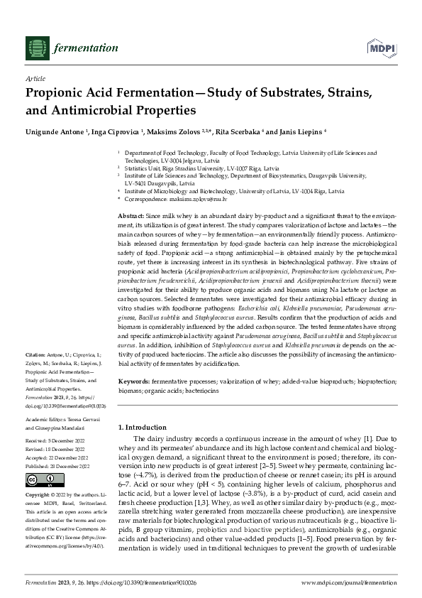 (PDF) Propionic Acid Fermentation—Study of Substrates, Strains, and ...