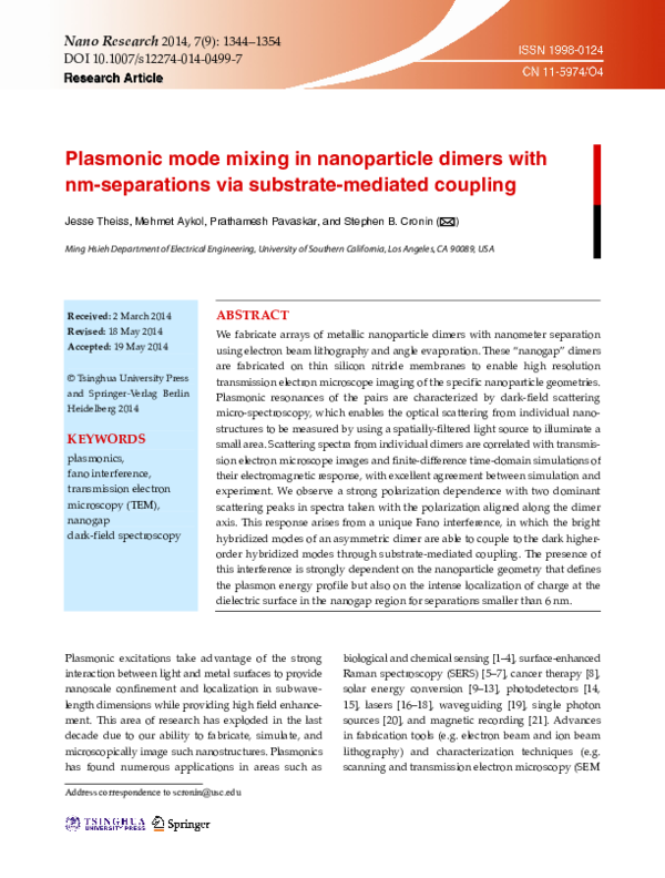 (PDF) Plasmonic mode mixing in nanoparticle dimers with nm-separations ...