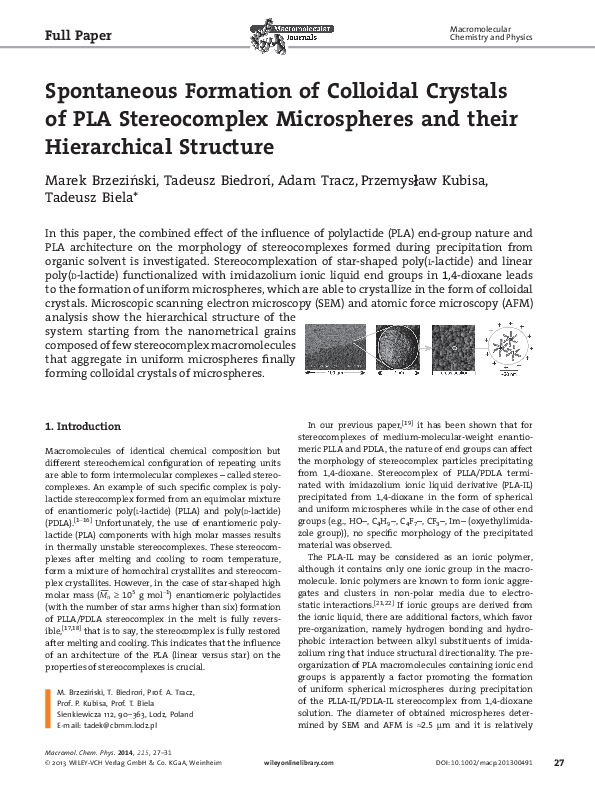 (PDF) Spontaneous Formation of Colloidal Crystals of PLA Stereocomplex ...