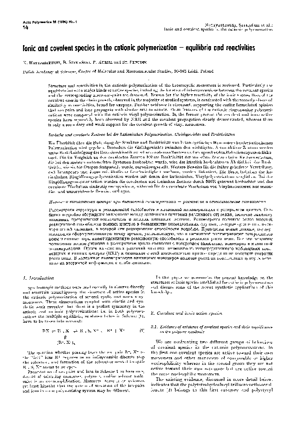 (PDF) Ionic and covalent species in the cationic polymerization ...