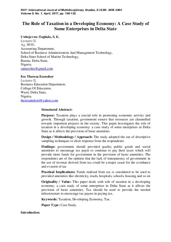 (PDF) The Role of Taxation in a Developing Economy: A Case Study of ...