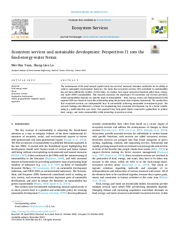 (PDF) Ecosystem Services and Sustainable Development