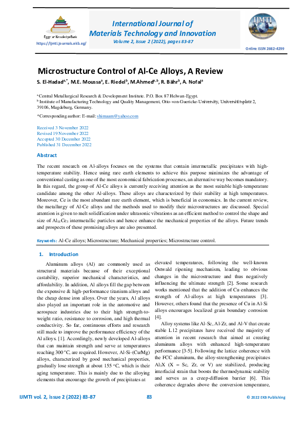 (PDF) Microstructure Control of Al-Ce Alloys:‎ A Review