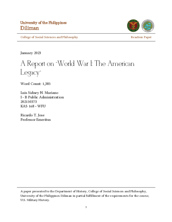 (PDF) A Report on "World War I: The American Legacy"