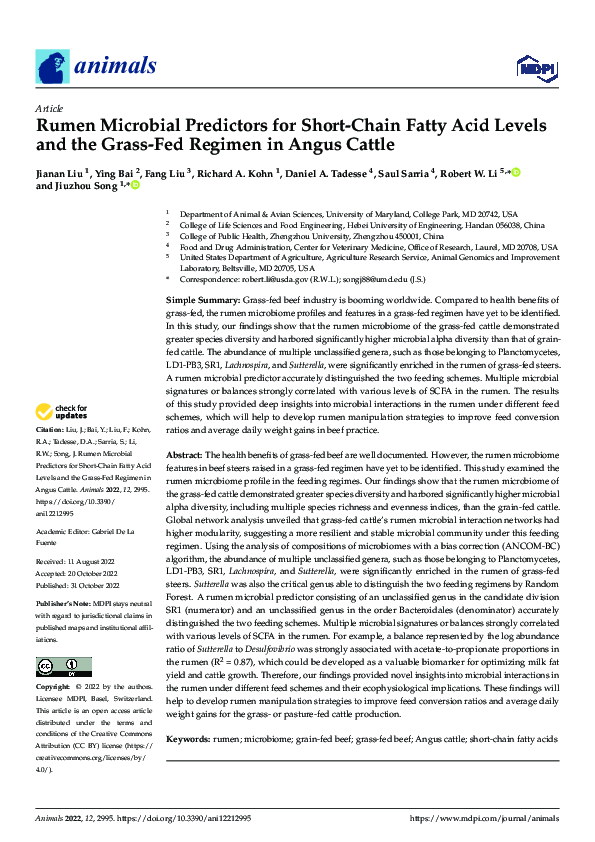 (PDF) Rumen Microbial Predictors for Short-Chain Fatty Acid Levels and the Grass-Fed Regimen in ...