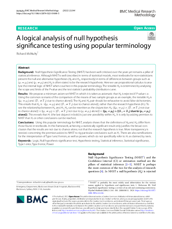 Pdf A Logical Analysis Of Null Hypothesis Significance Testing Using Popular Terminology