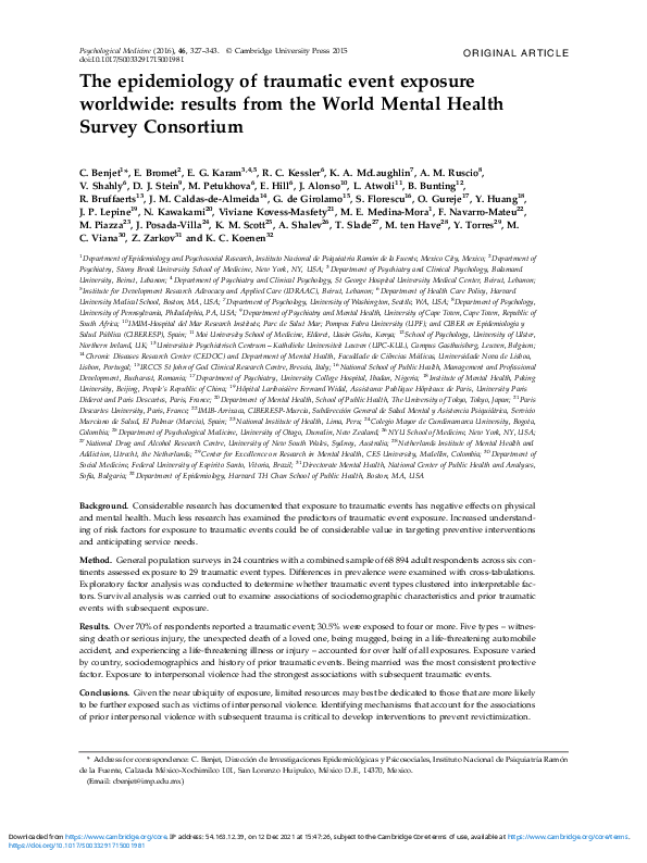 (PDF) The epidemiology of traumatic event exposure worldwide: results ...