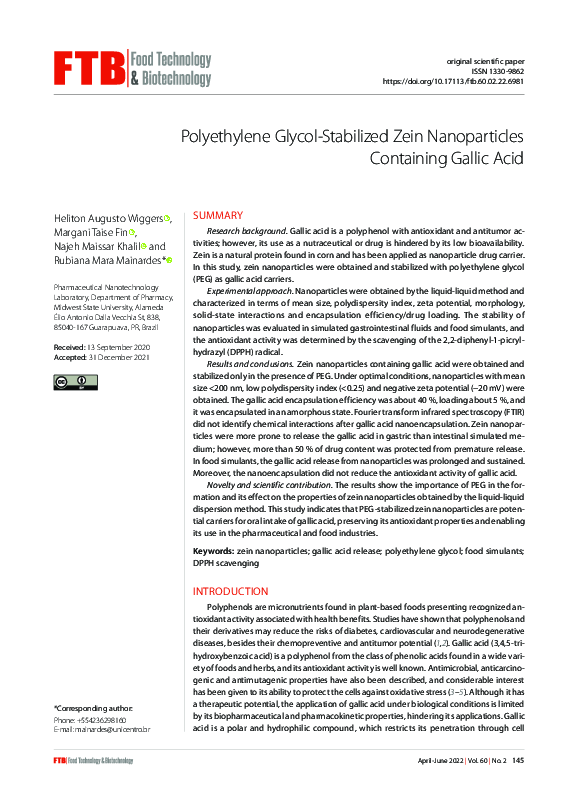 (PDF) Polyethylene Glycol-Stabilized Zein Nanoparticles Containing Gallic Acid | Margani Taise ...