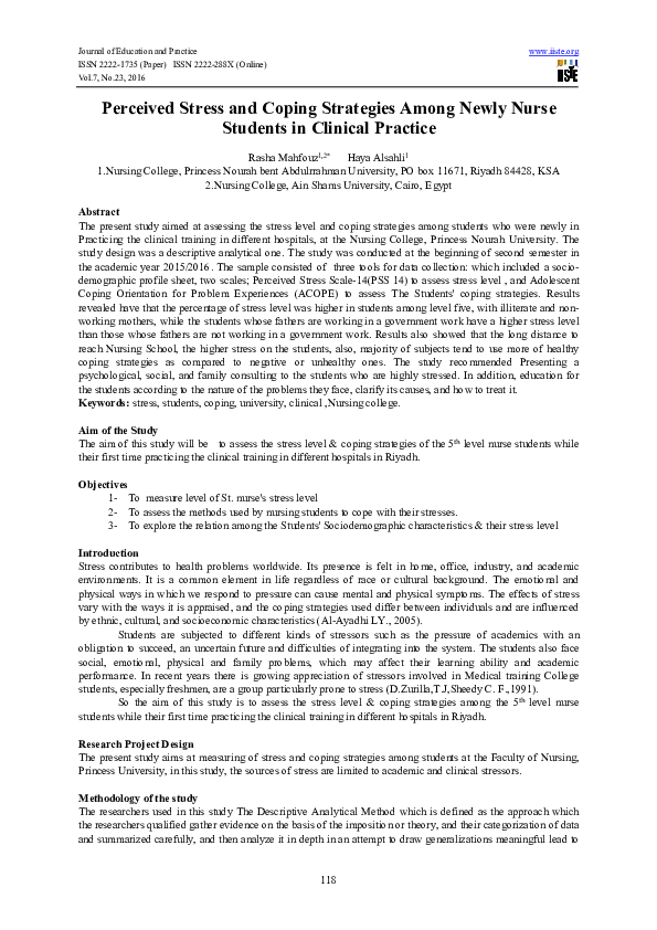 (PDF) Perceived Stress and Coping Strategies among Newly Nurse Students in Clinical Practice