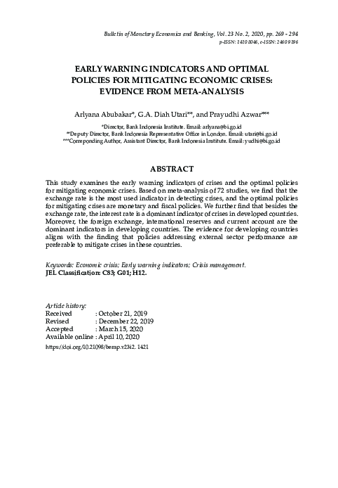 (PDF) Early Warning Indicators and Optimal Policies for Mitigating Economic Crises: Evidence ...