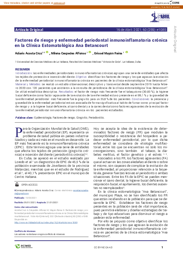 (PDF) Factores de riesgo y enfermedad periodontal inmunoinflamatoria crónica en la Clínica ...
