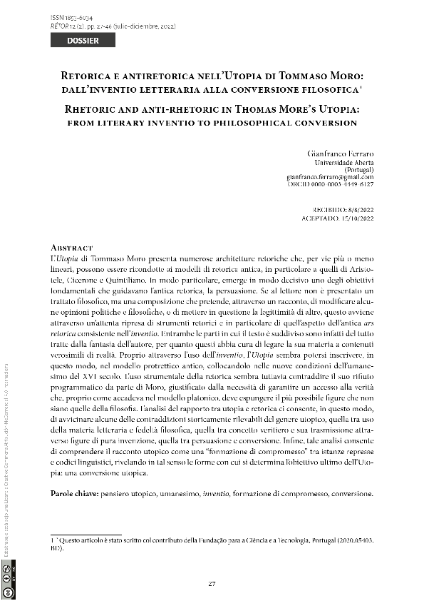 (PDF) Retorica e Antiretorica nell'Utopia di Tommaso Moro dall'inventio ...